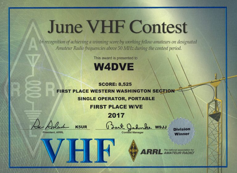 2017 June VHF Contest Certificate – W4DVE